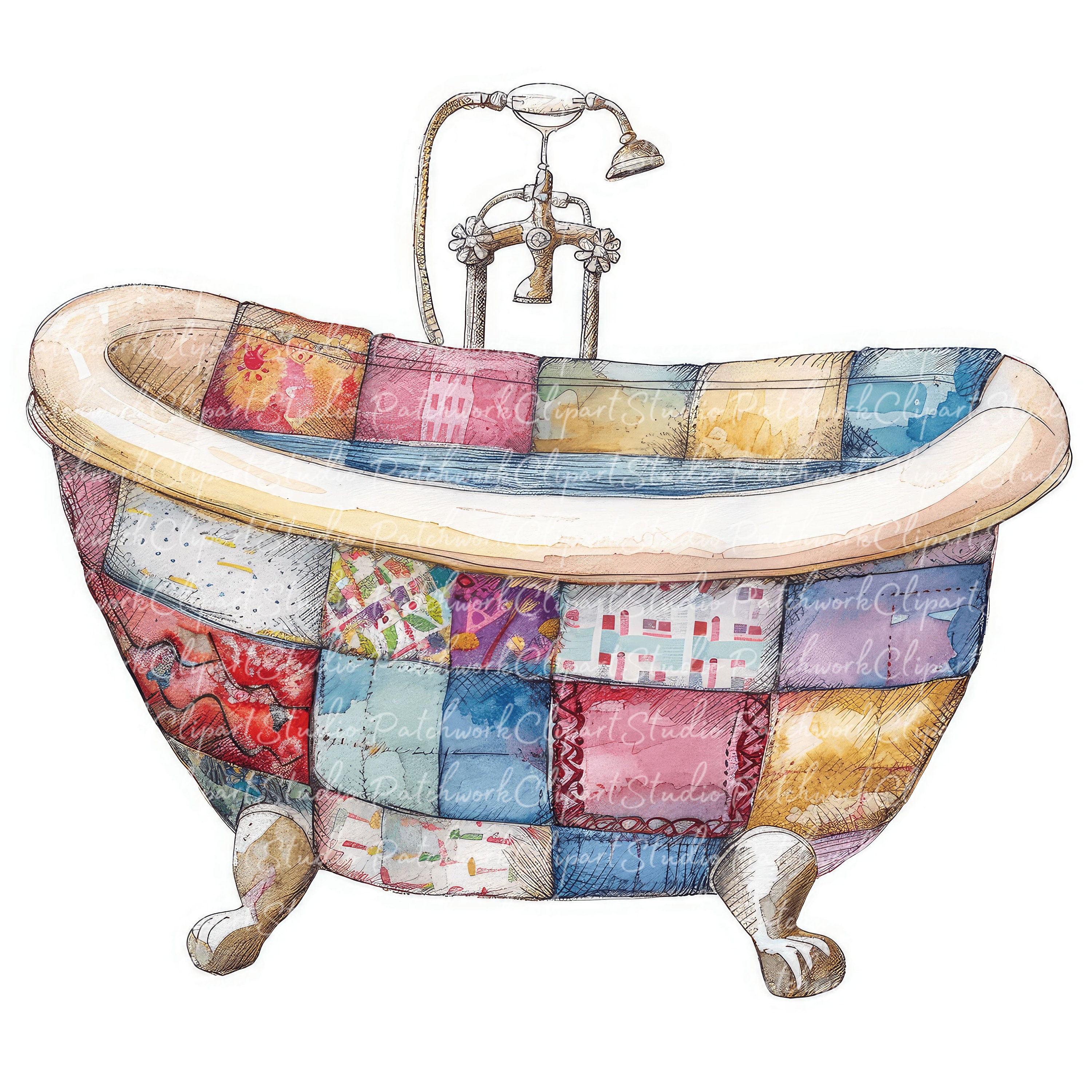 10 Bathtubs Clipart Bundle, PNG & JPG, Printable Patchwork Bathtub ...