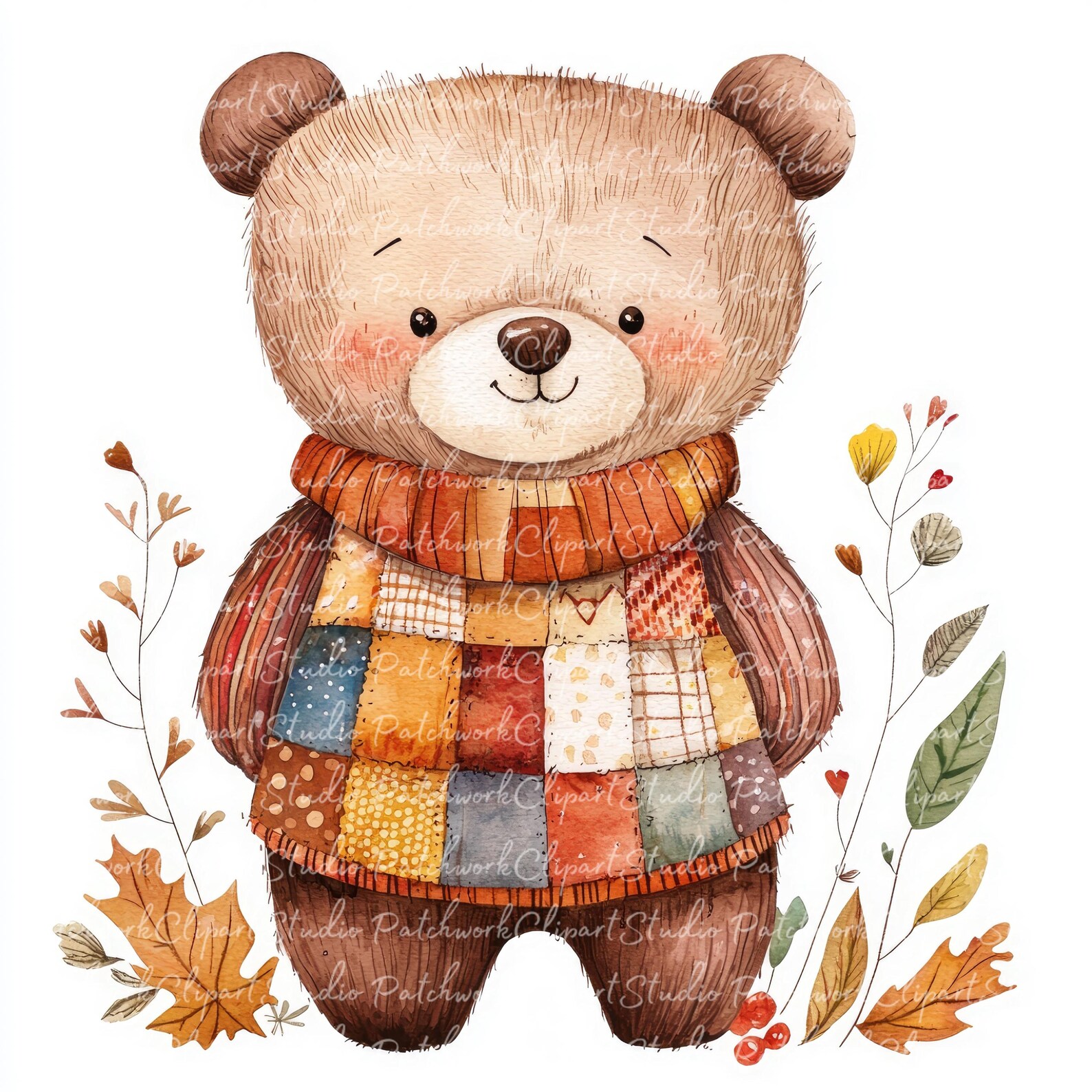 10 Autumn Bear Clipart Bundle, PNG & JPG, Printable Patchwork, Bear in ...