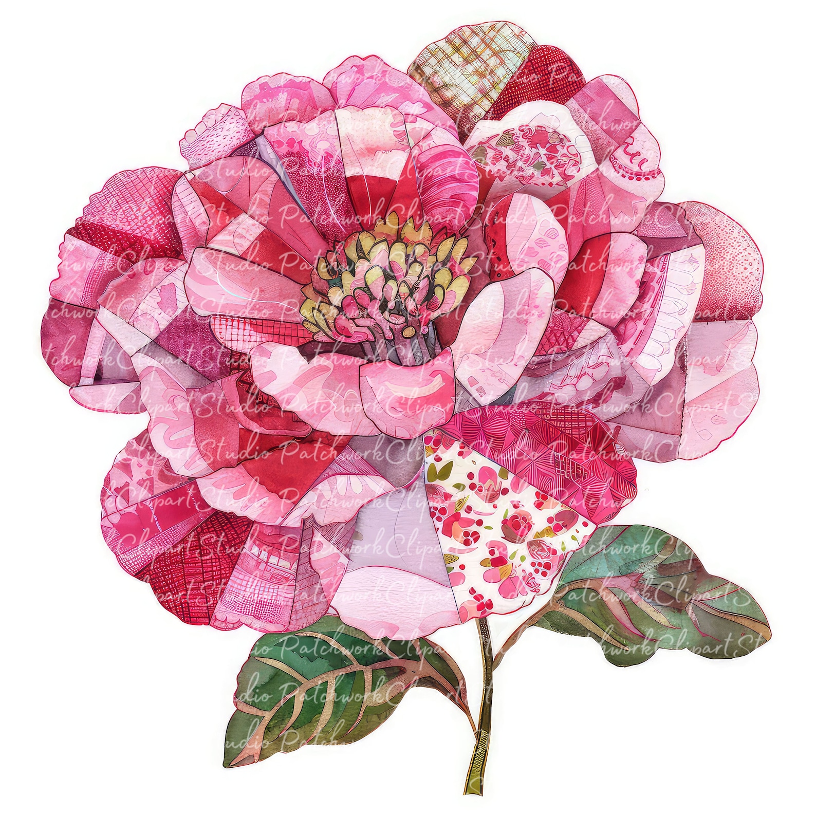 10 Peonies Clipart Bundle, PNG & JPG, Printable Patchwork Peony ...