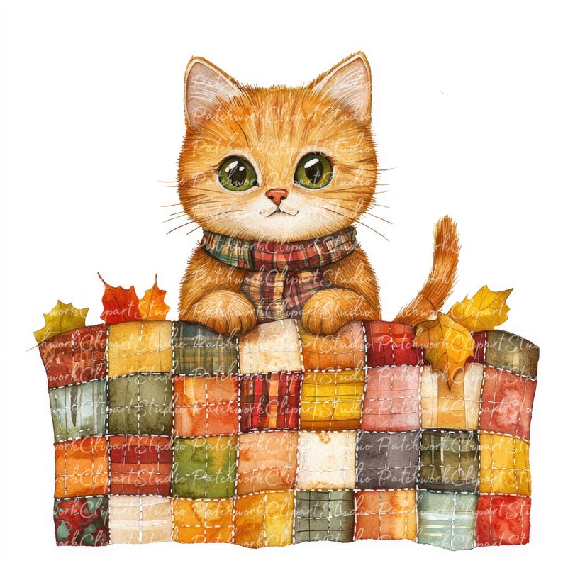 10 Autumn Cat Clipart Bundle, PNG & JPG, Printable Patchwork, Cat in ...