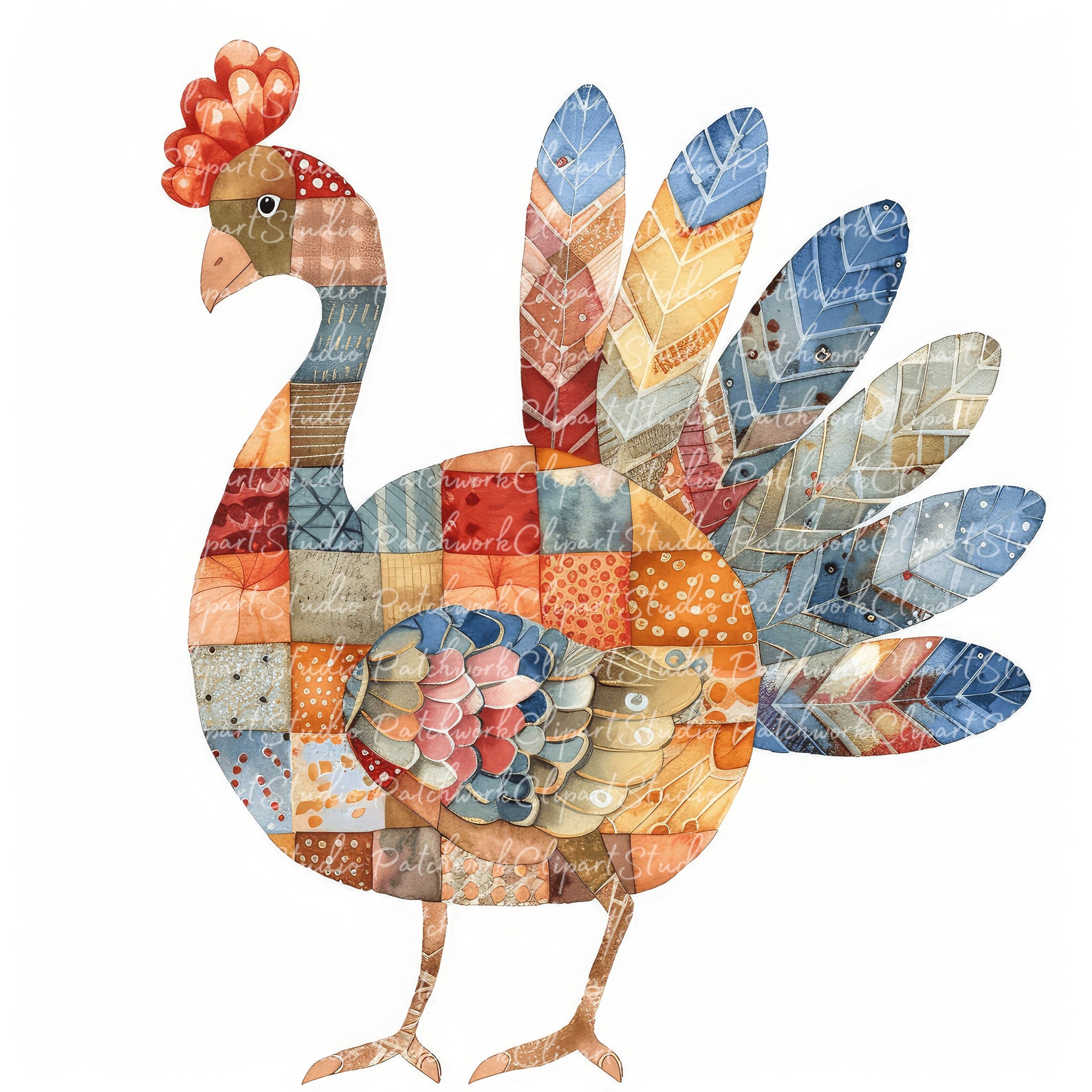 10 Turkeys Clipart Bundle, PNG & JPG, Printable Patchwork Turkey, Illustrations, Digital ...