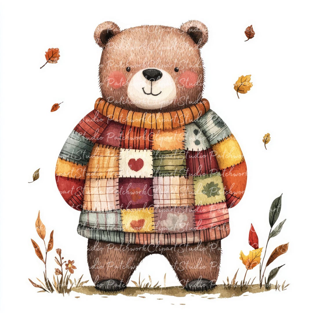 10 Autumn Bear Clipart Bundle, PNG & JPG, Printable Patchwork, Bear in ...
