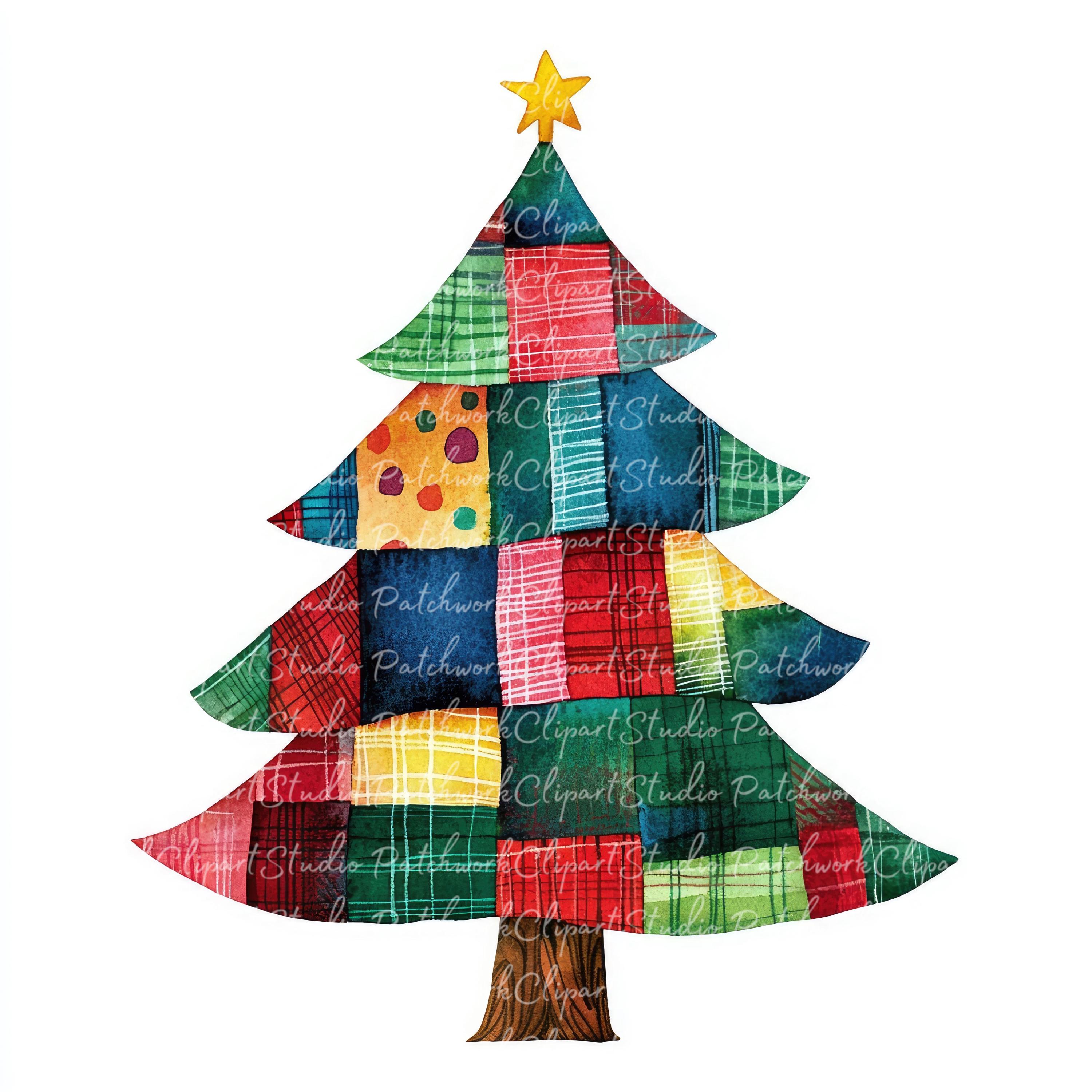 10 Patchwork Christmas Tree Clipart Bundle, PNG & JPG, Printable ...