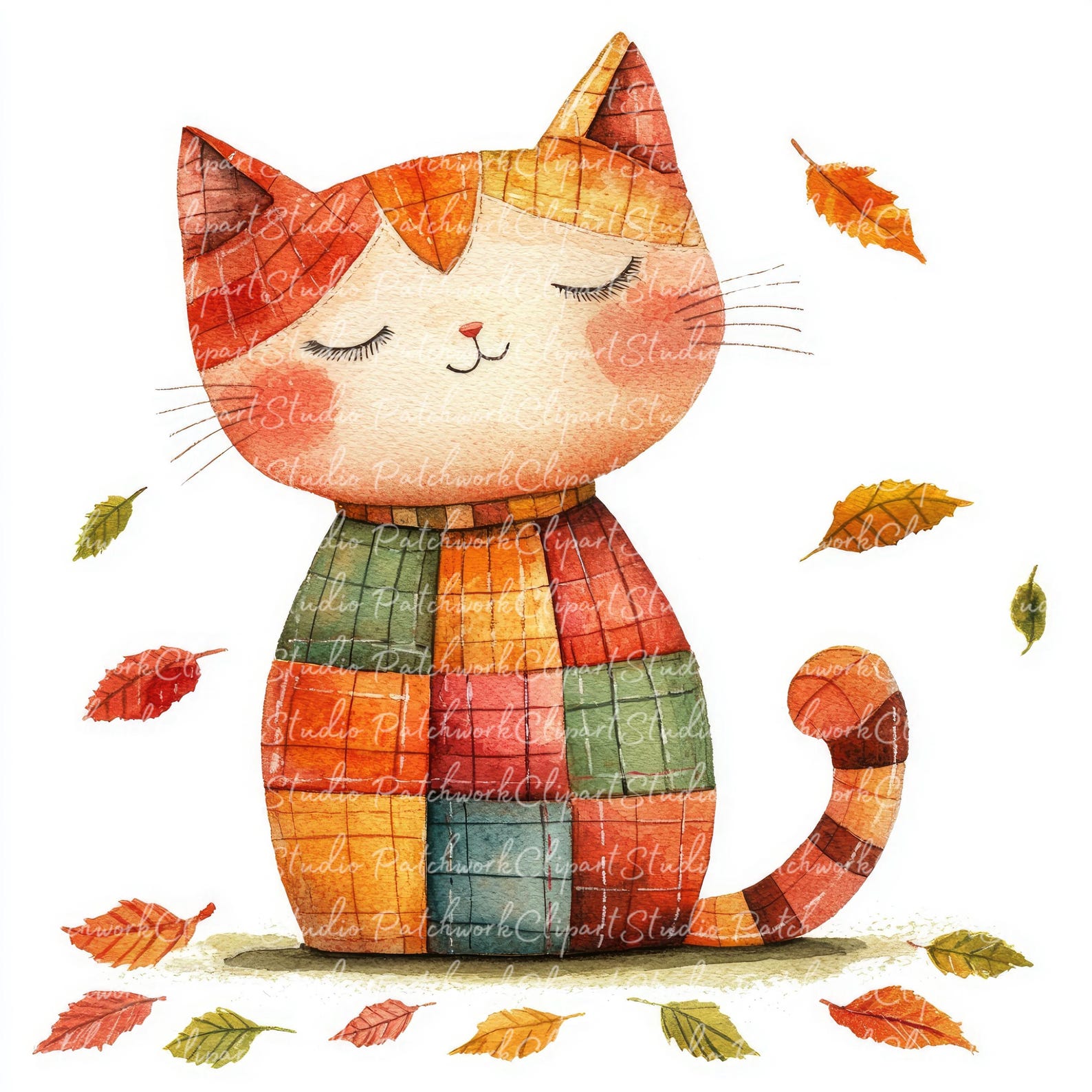 10 Autumn Cat Clipart Bundle, PNG & JPG, Printable Patchwork, Cat in ...