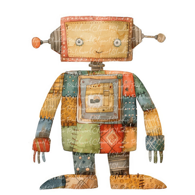 10 Robots Clipart Bundle, PNG & JPG, Printable Patchwork Robot ...