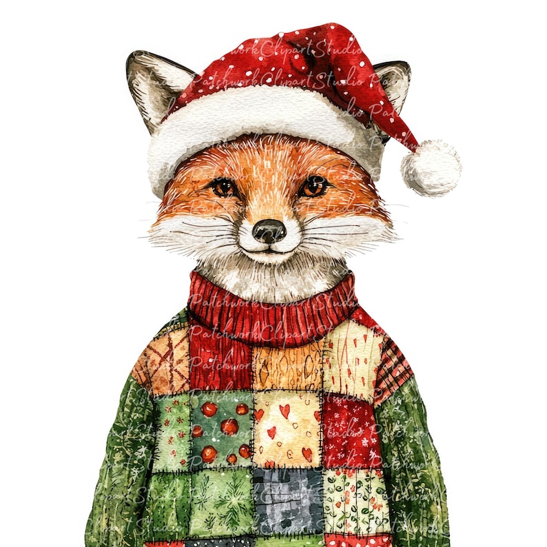 10 Christmas Fox Clipart Bundle, PNG & JPG, Printable Patchwork, XMAS ...