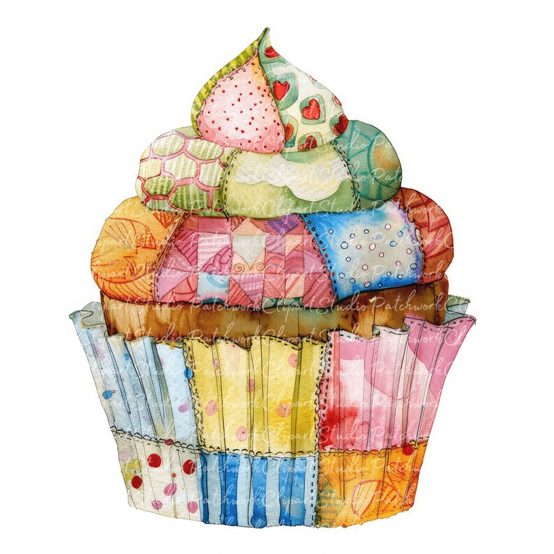 10 Cupcakes Clipart Bundle, PNG & JPG, Printable Patchwork Cupcake, Illustrations, Digital ...
