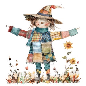 10 Scarecrows Clipart Bundle, JPG & PNG, Printable Patchwork Scarecrow ...