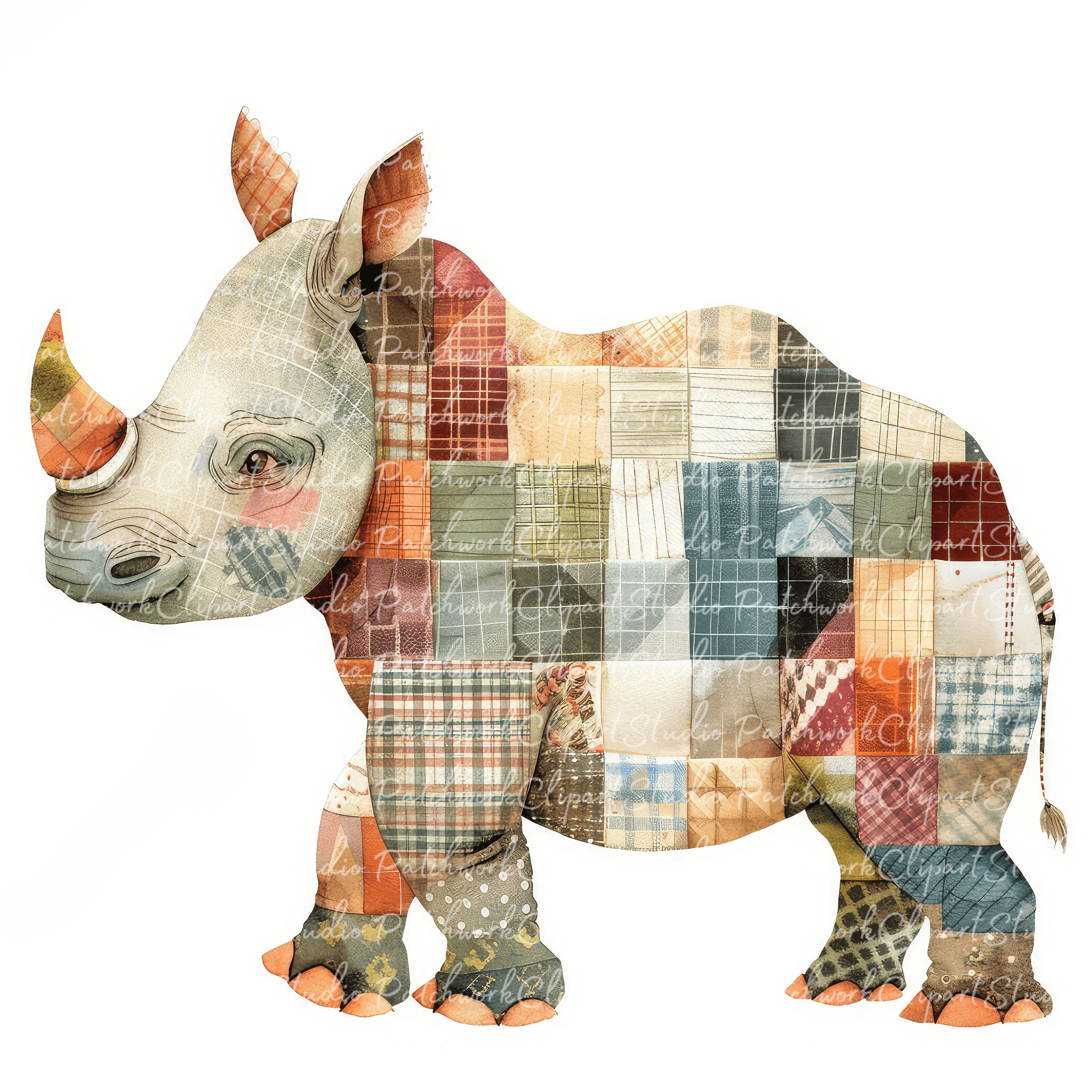 10 Rhinos Clipart Bundle, Printable Patchwork Rhinoceros, Quilted ...