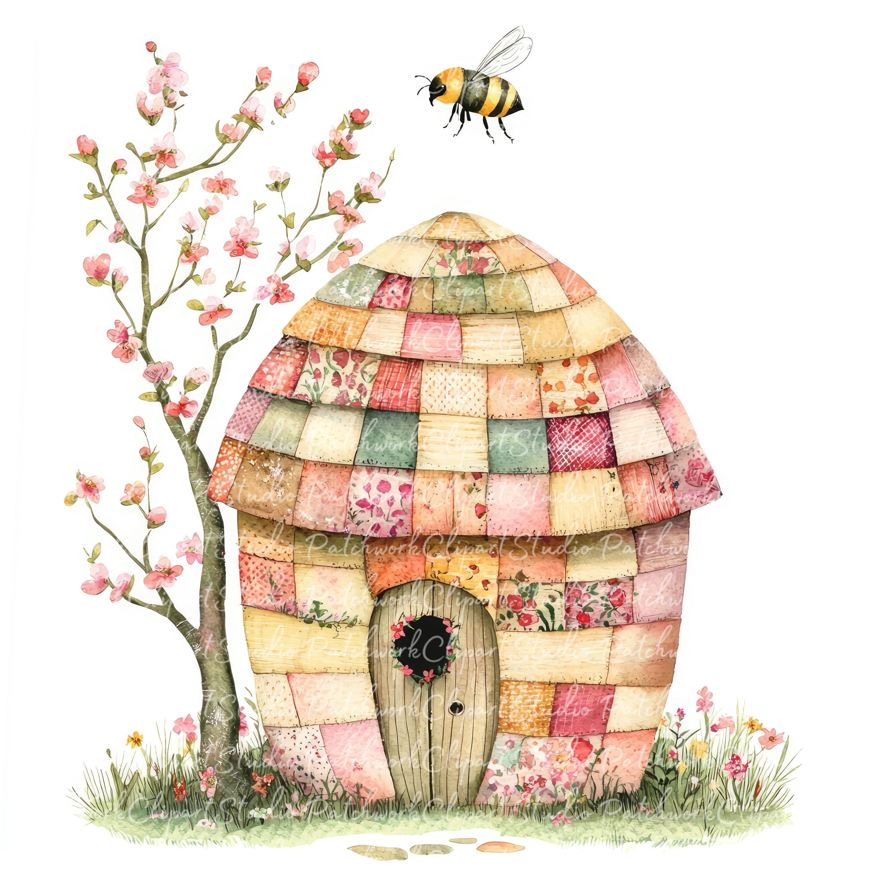16 Spring Beehive Clipart Bundle, PNG & JPG, Printable Patchwork, Bee ...