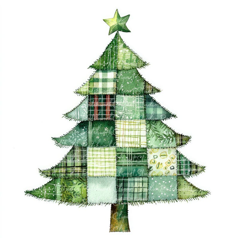 10 Christmas Tree Clipart Bundle, PNG & JPG, Printable Patchwork, Xmas ...