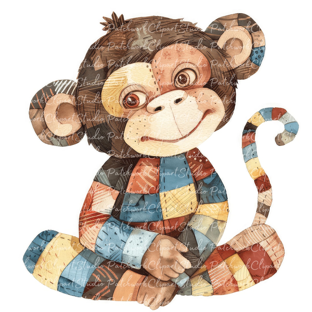 10 Monkeys Clipart Bundle, JPG & PNG, Printable Patchwork Monkey ...