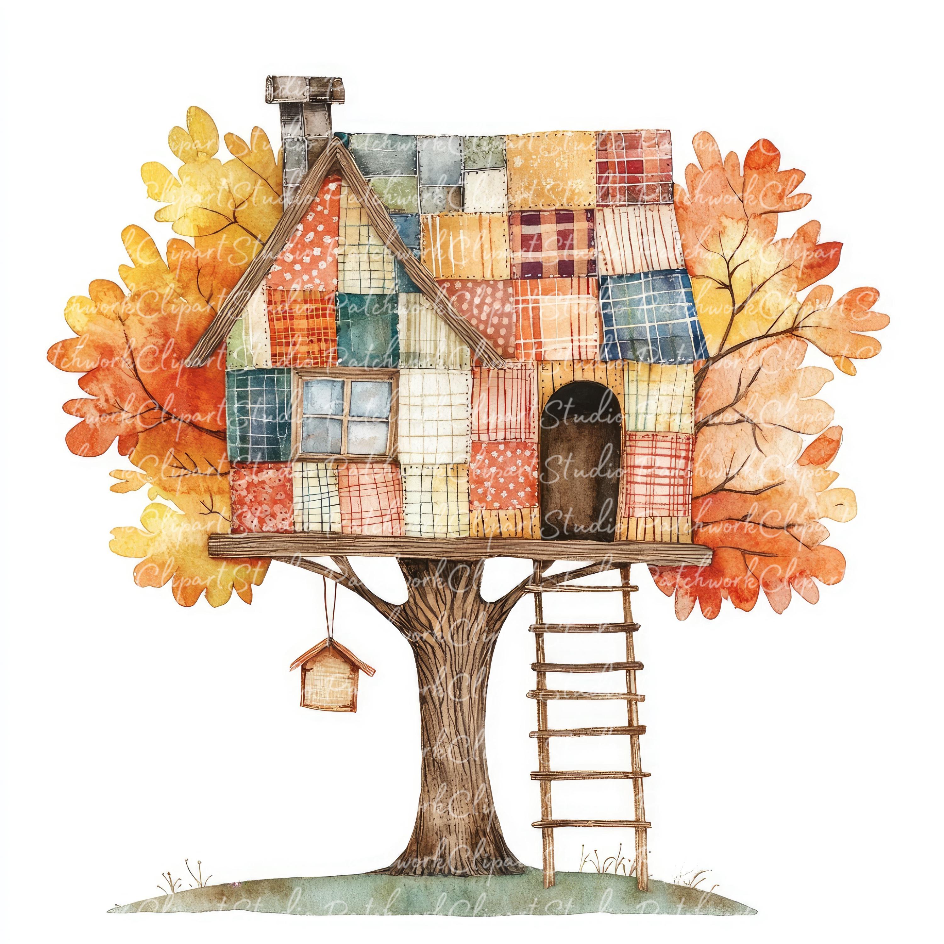 10 Autumn Tree House Clipart Bundle, JPG & PNG, Printable Patchwork ...
