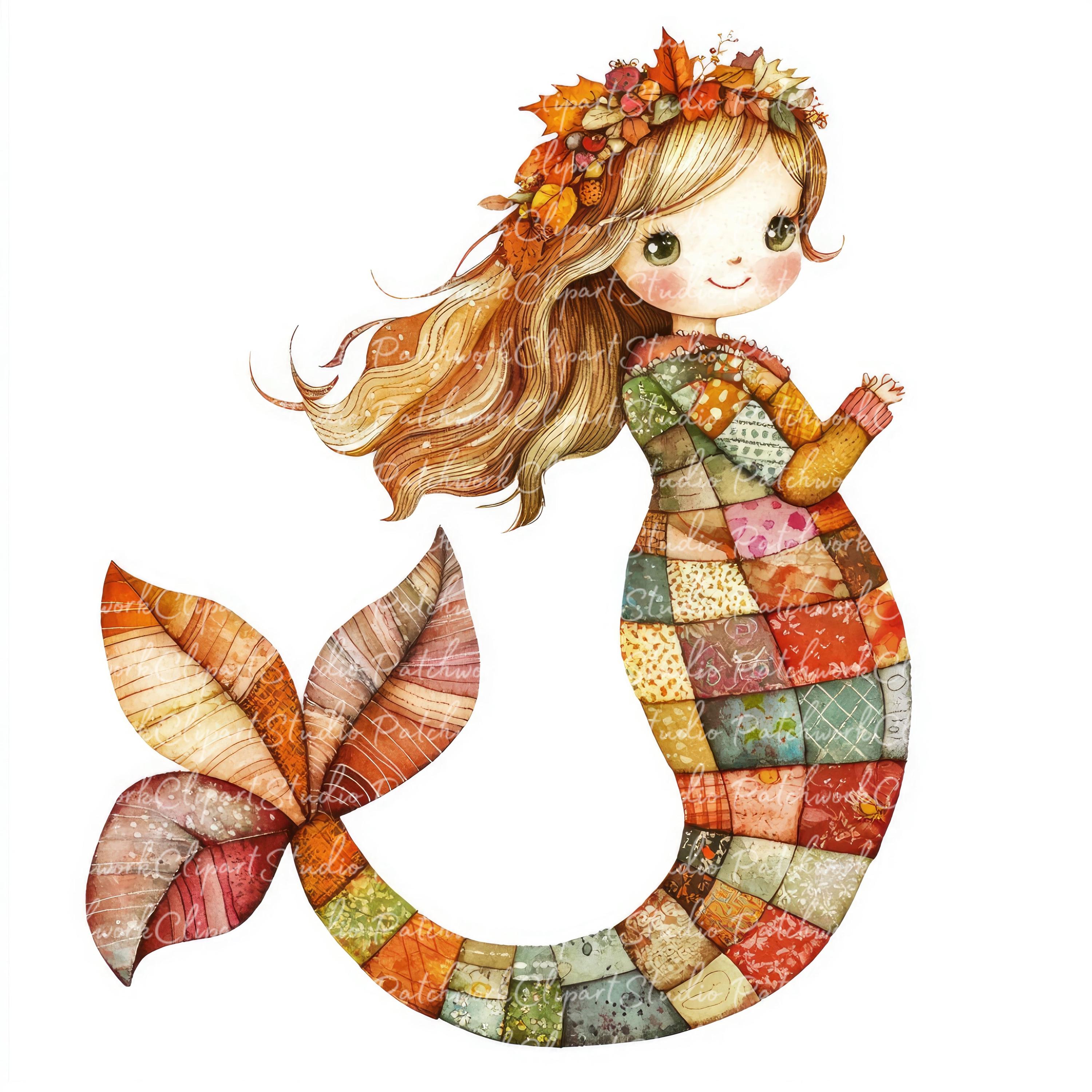 10 Autumn Mermaid Clipart Bundle, PNG & JPG, Printable Patchwork ...
