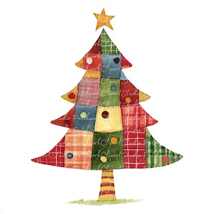 10 Patchwork Christmas Tree Clipart Bundle, PNG & JPG, Printable ...