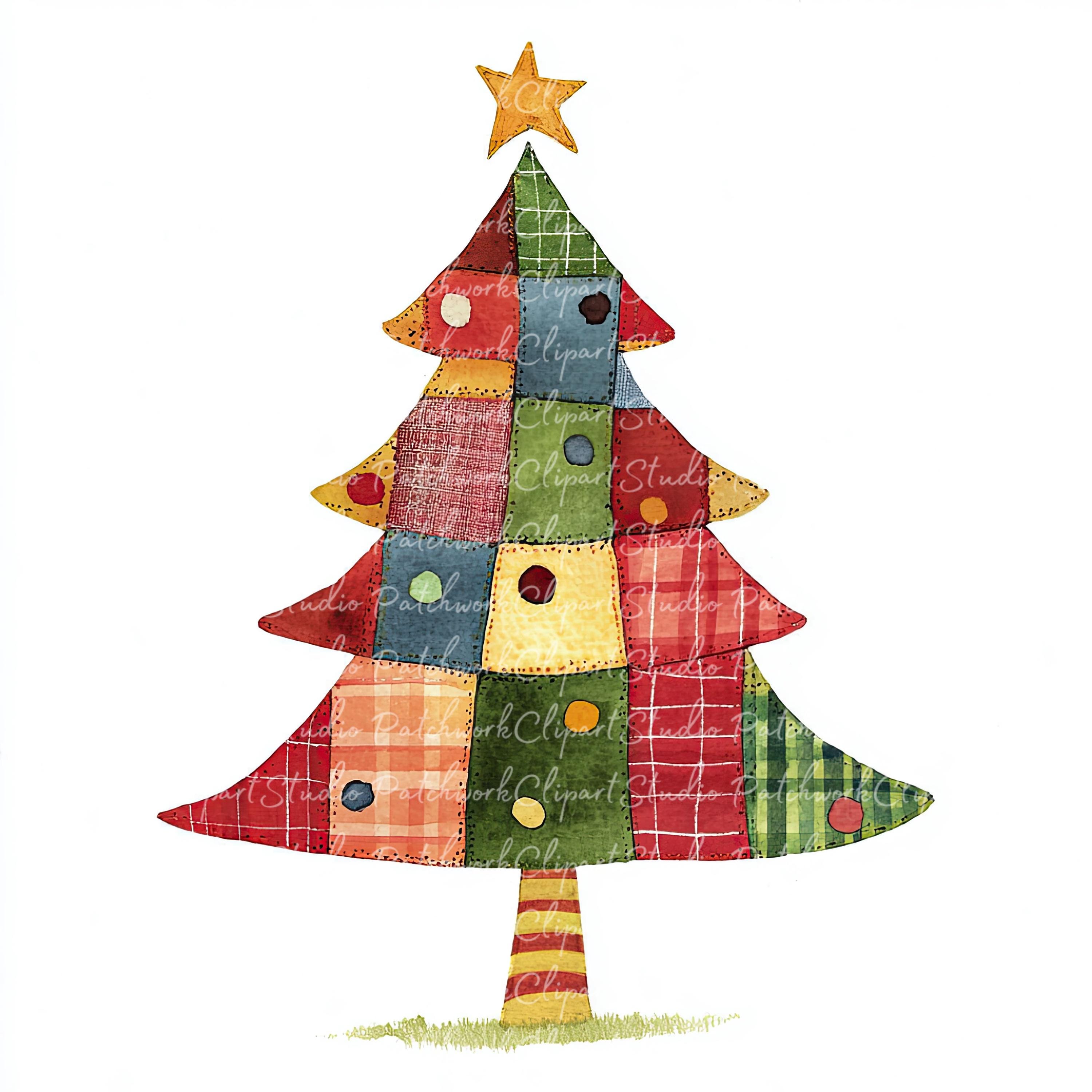 10 Patchwork Christmas Tree Clipart Bundle, PNG & JPG, Printable ...