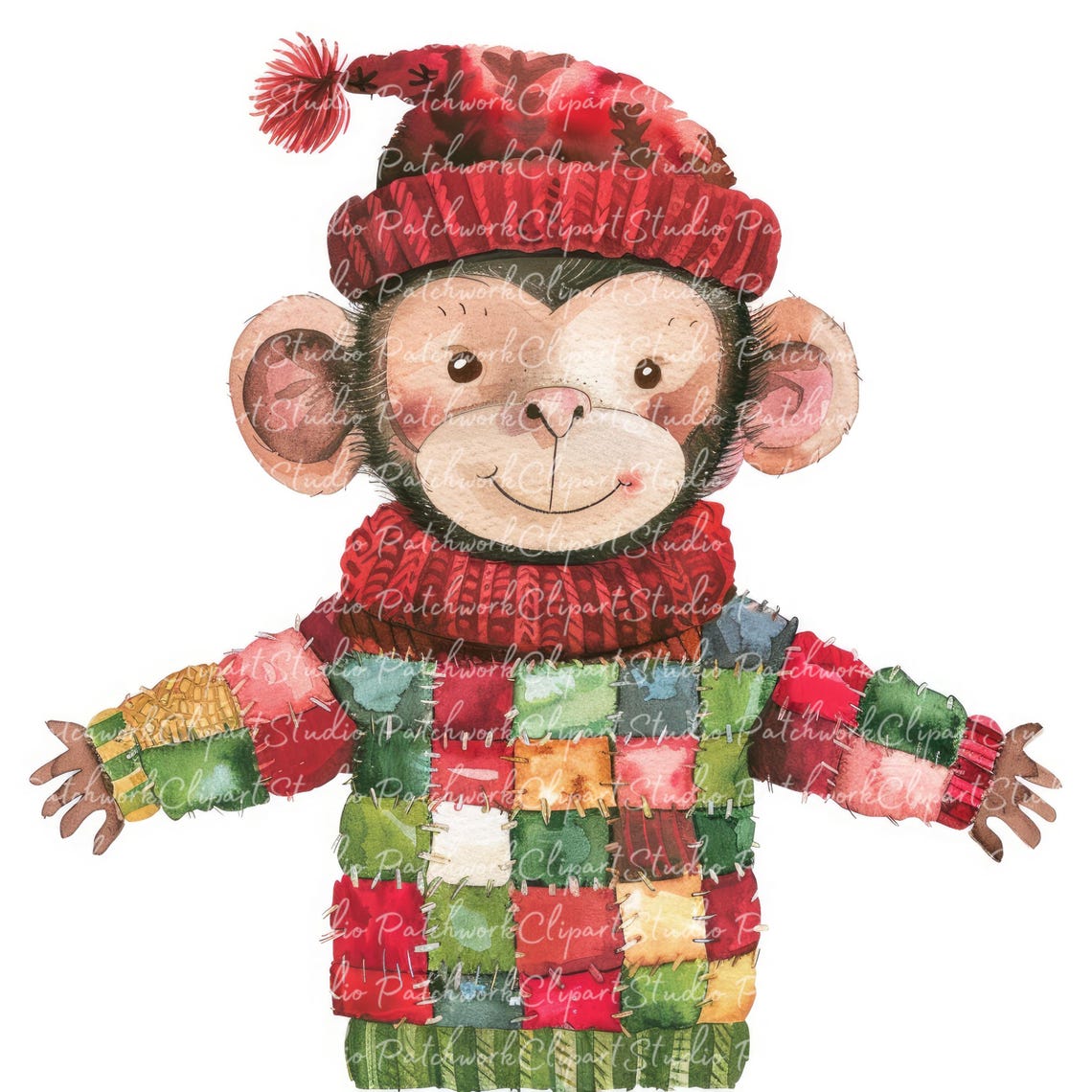 10 Christmas Monkey Clipart Bundle, PNG & JPG, Printable Patchwork ...