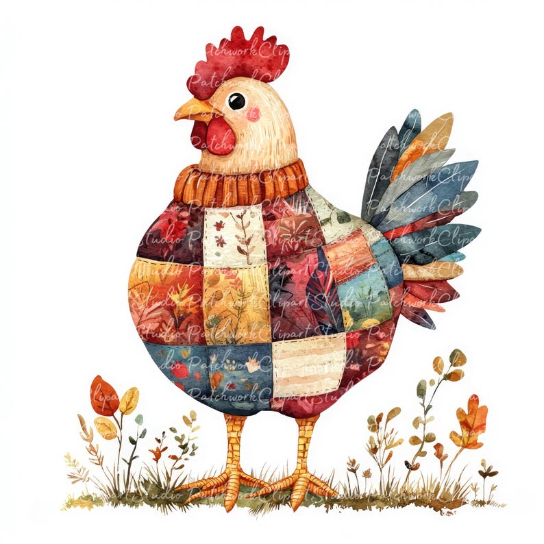 10 Autumn Chicken Clipart Bundle, JPG & PNG, Printable Patchwork ...