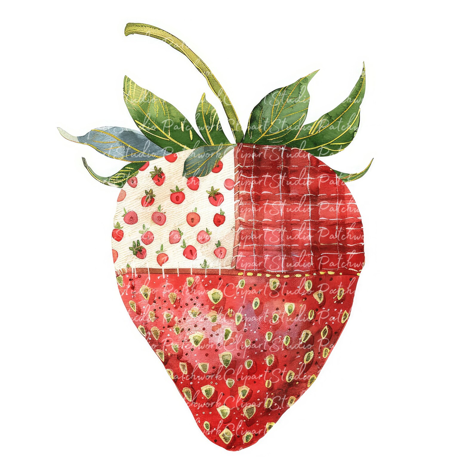10 Strawberries Clipart Bundle, PNG & JPG, Printable Patchwork Strawberry, Illustrations ...