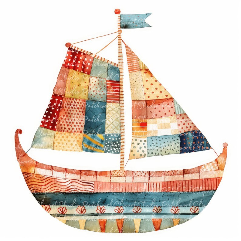 10 Sailboats Clipart Bundle, PNG & JPG, Printable Patchwork Sailboat ...