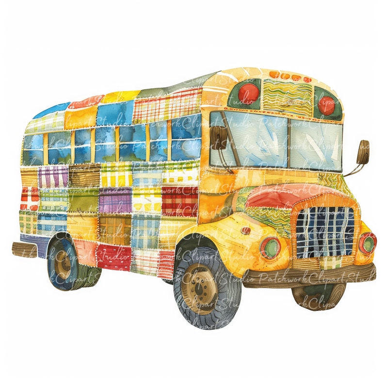 10 Yellow School Bus Clipart Bundle, PNG & JPG, Printable Patchwork ...