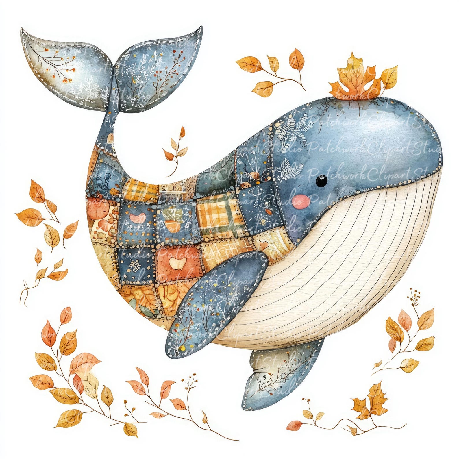 10 Autumn Whale Clipart Bundle, PNG & JPG, Printable Patchwork, Sea ...