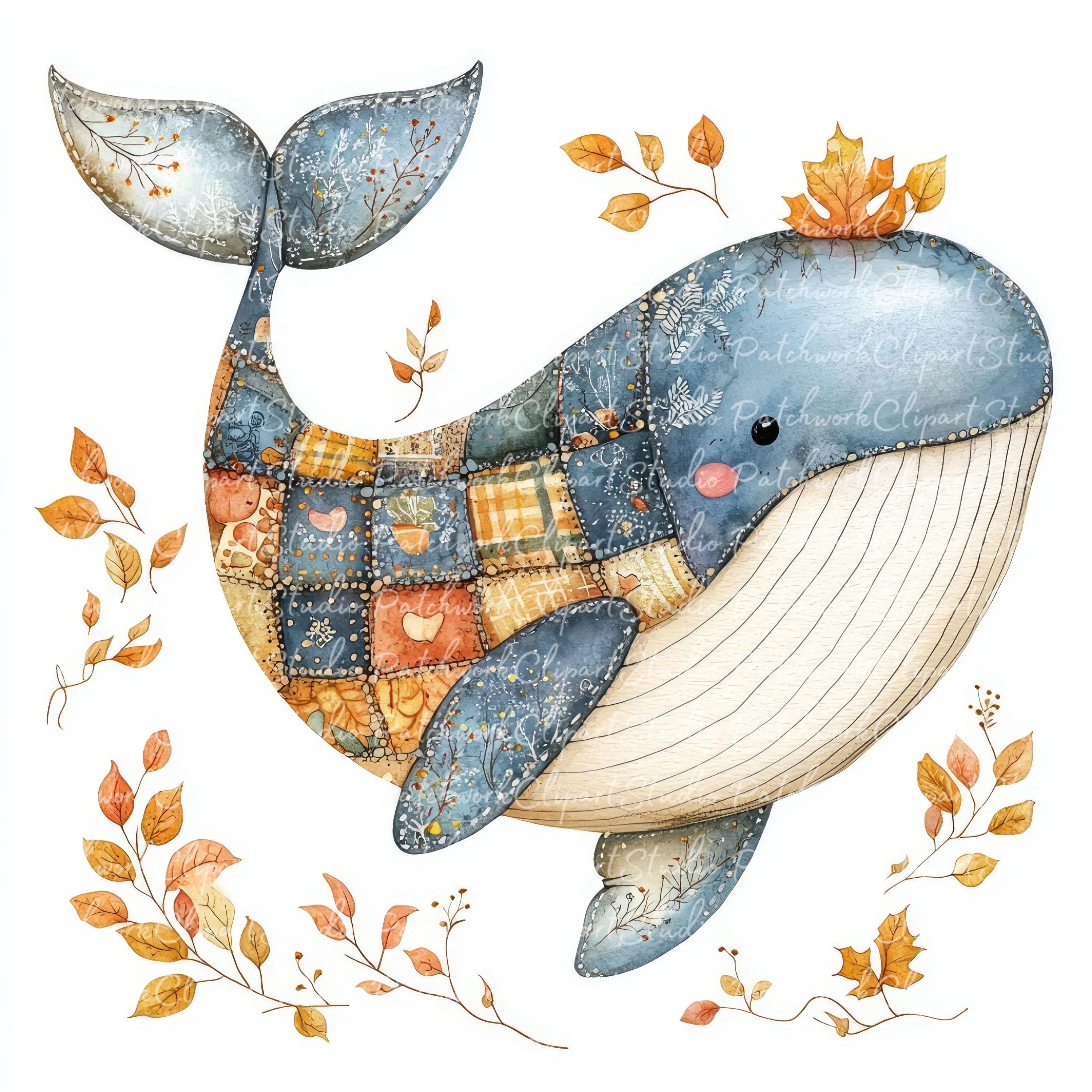 10 Autumn Whale Clipart Bundle, JPG & PNG, Printable Patchwork, Sea ...