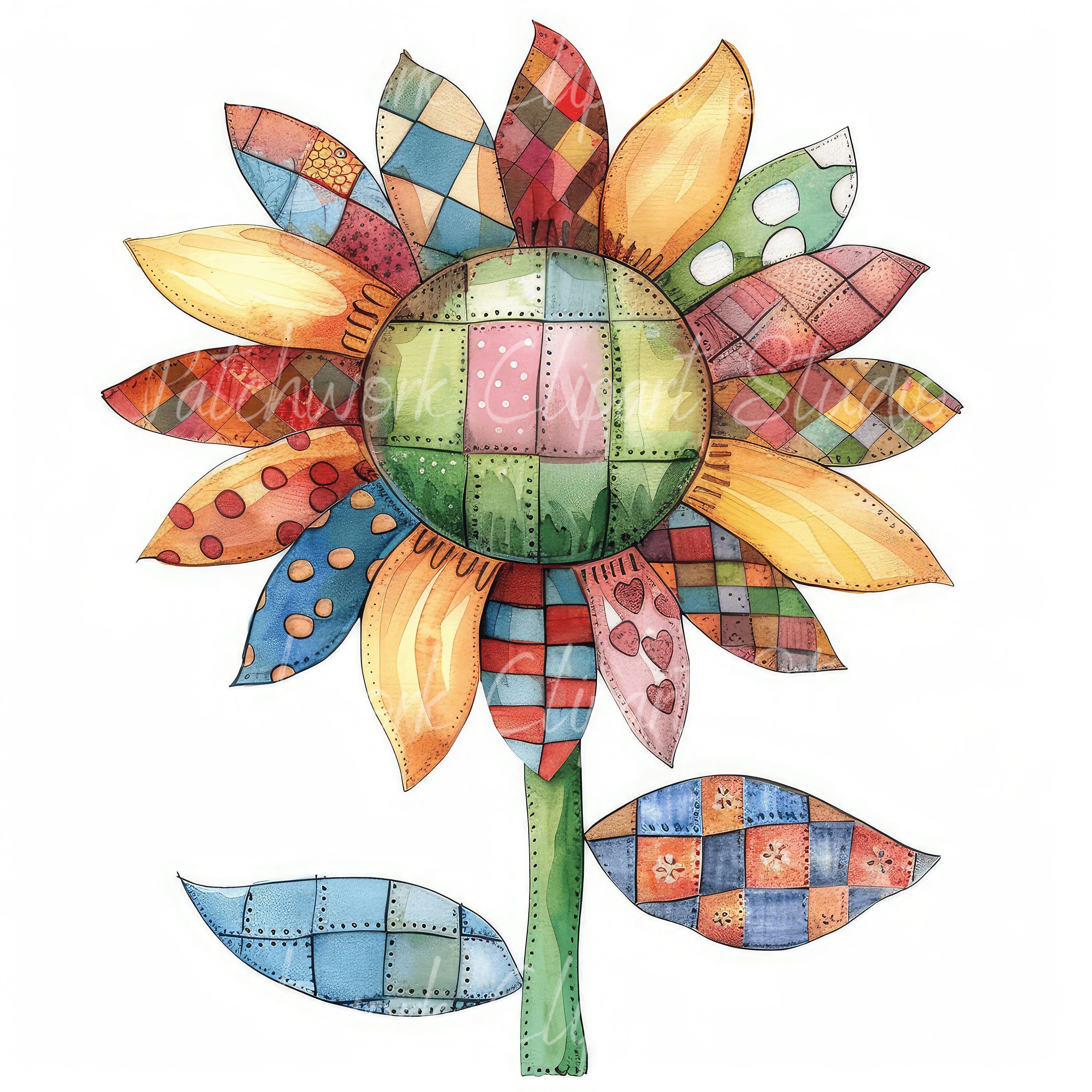 Patchwork Sunflowers Clipart Bundle, Printable Sunflower, Cute Quilted ...