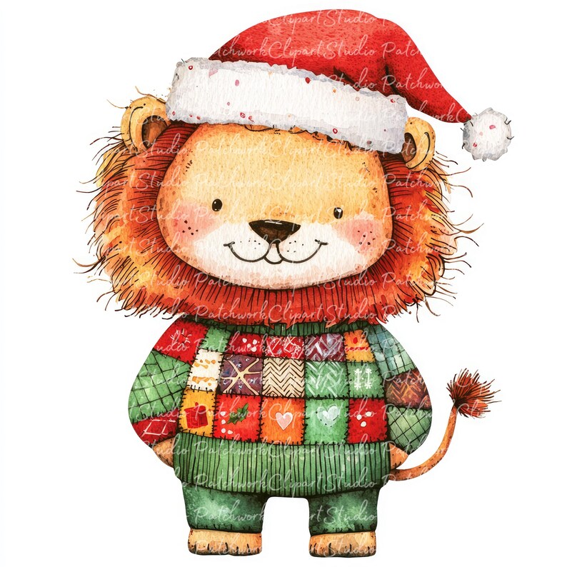 10 Christmas Lion Clipart Bundle, PNG & JPG, Printable Patchwork, XMAS ...