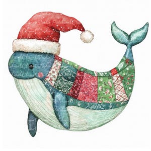10 Christmas Whale Clipart Bundle, PNG & JPG, Printable Patchwork, XMAS ...