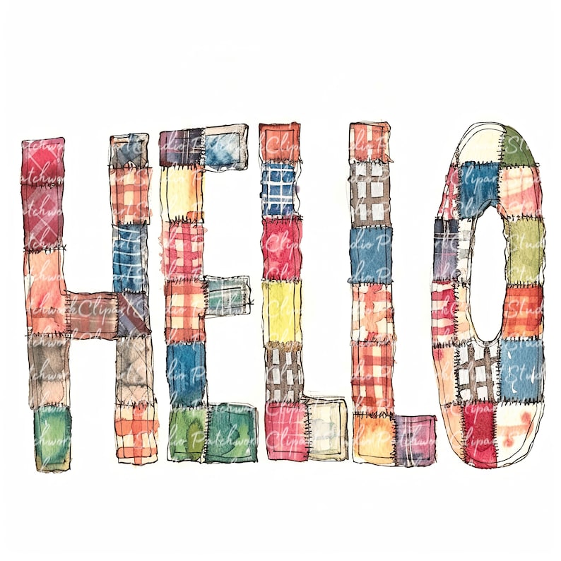 10 Hello Clipart Bundle, PNG & JPG, Printable Patchwork Word Hello ...