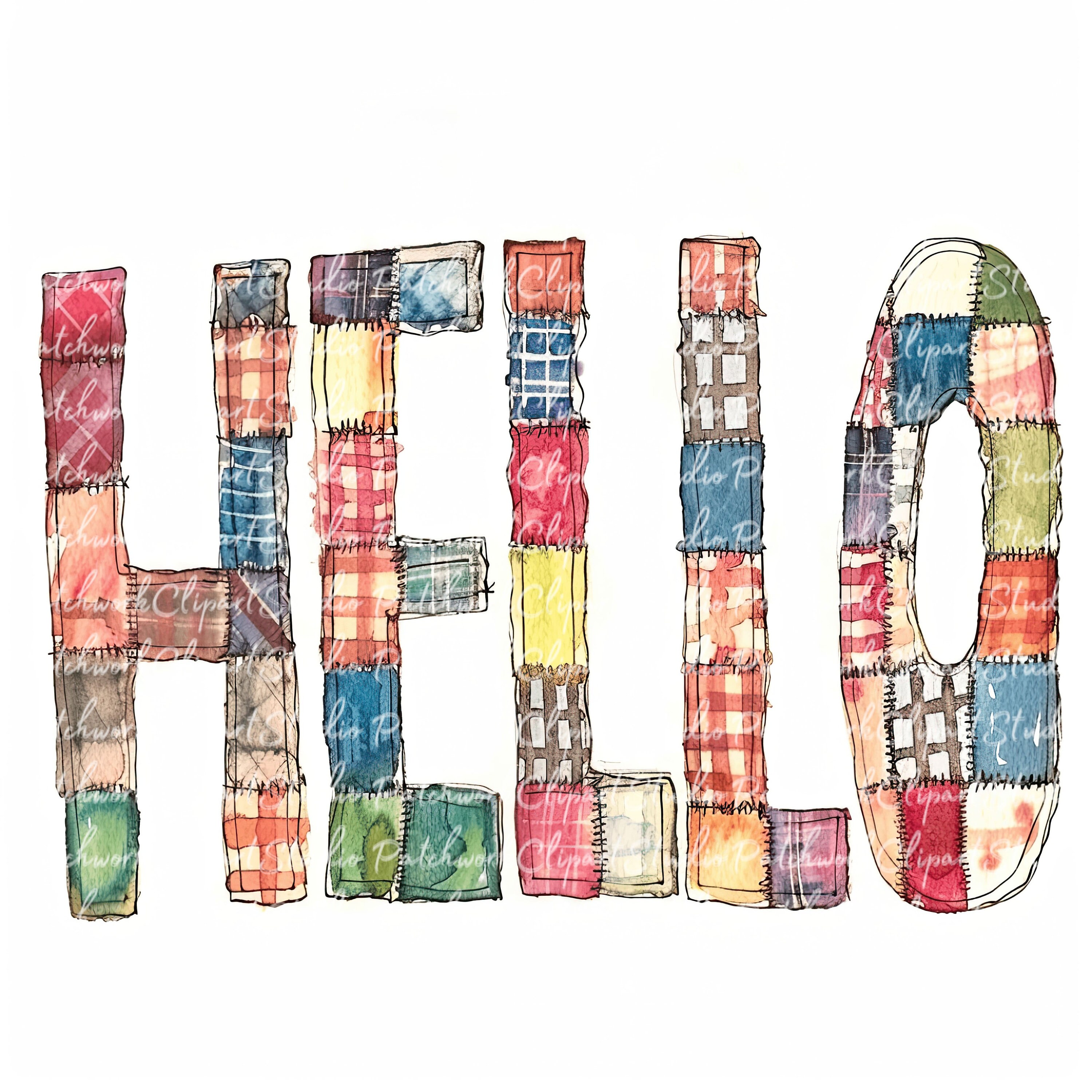 10 Hello Clipart Bundle, PNG & JPG, Printable Patchwork Word Hello ...