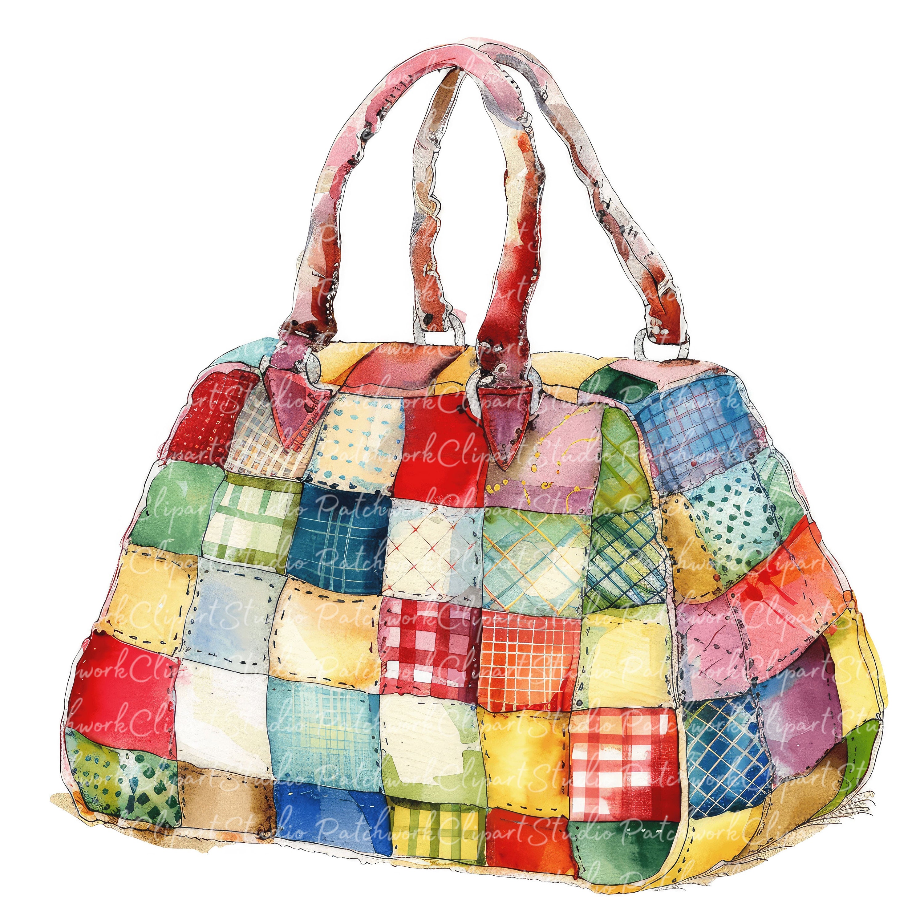10 Handbags Clipart Bundle, PNG & JPG, Printable Patchwork Handbag ...