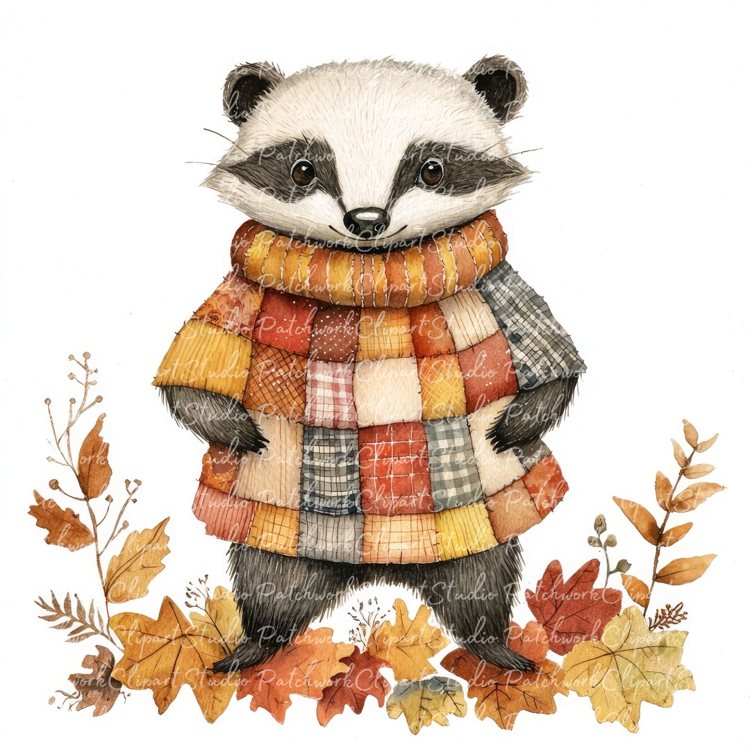 10 Autumn Badger Clipart Bundle, PNG & JPG, Printable Patchwork, Badger ...