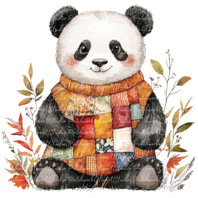 10 Autumn Panda Clipart Bundle, PNG & JPG, Printable Patchwork, Panda ...