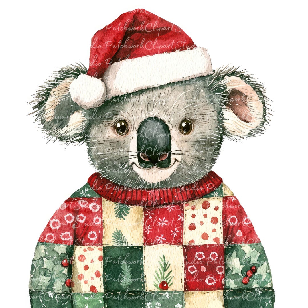 10 Christmas Koala Clipart Bundle, PNG & JPG, Printable Patchwork, XMAS ...
