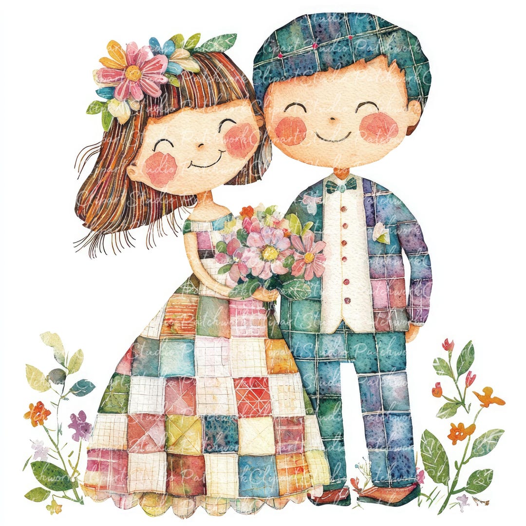 10 Bride and Groom Clipart Bundle, PNG & JPG, Printable Patchwork ...