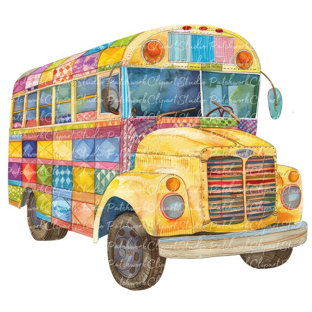 10 Yellow School Bus Clipart Bundle, PNG & JPG, Printable Patchwork ...