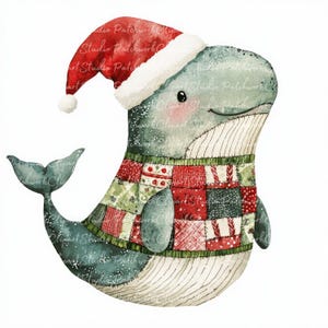 10 Christmas Whale Clipart Bundle, PNG & JPG, Printable Patchwork, XMAS ...