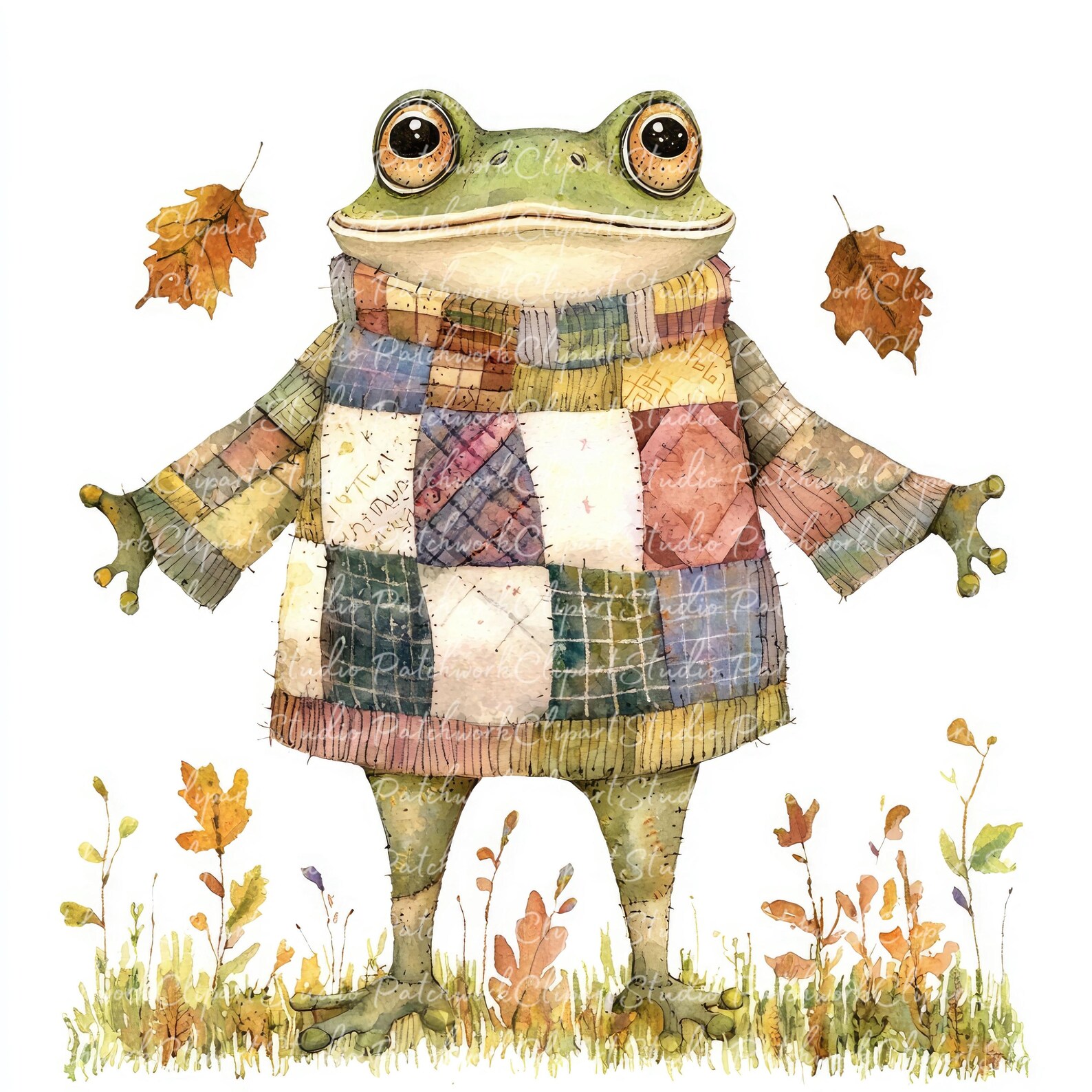 10 Autumn Frog Clipart Bundle, PNG & JPG, Printable Patchwork, Frog in ...