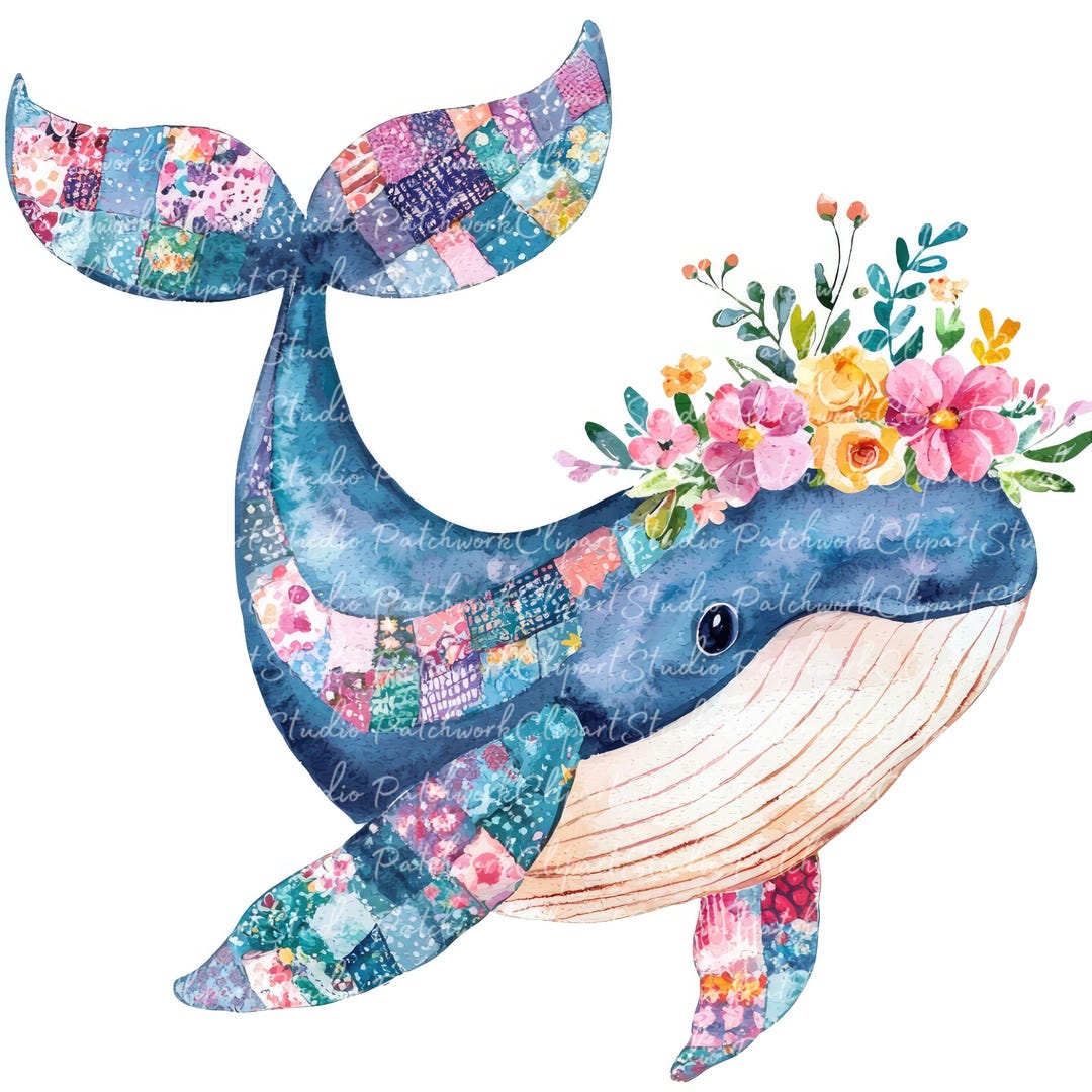 10 Floral Whale Clipart Bundle, PNG & JPG, Printable Patchwork Whale ...