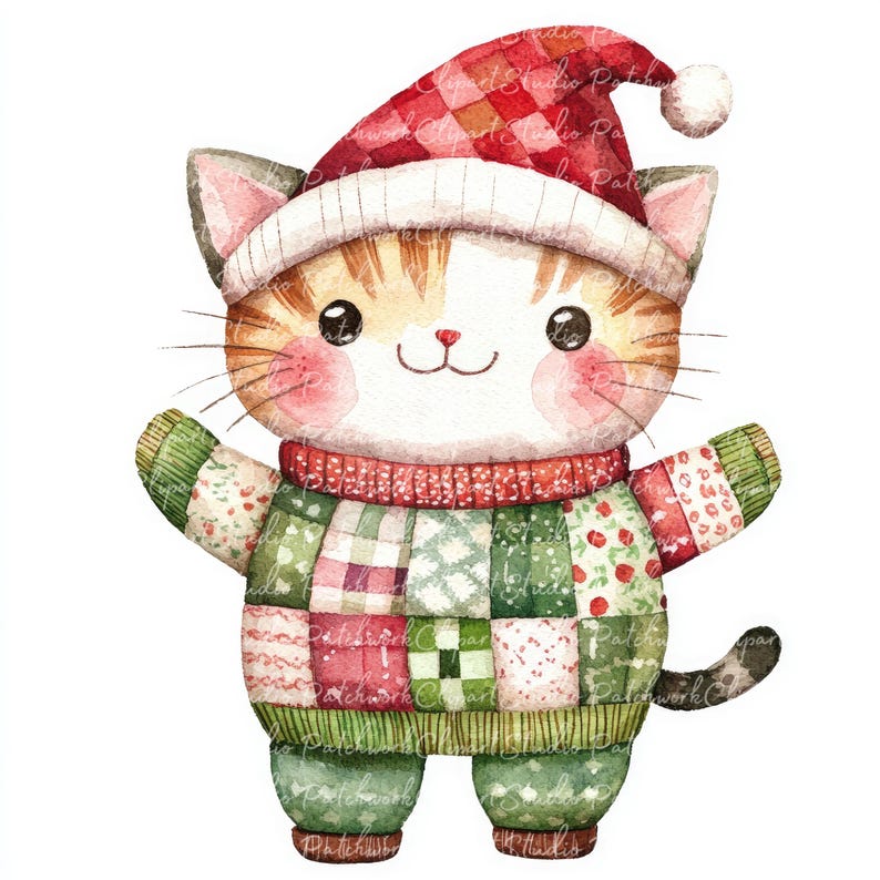 10 Christmas Cat Clipart Bundle, PNG & JPG, Printable Patchwork, Xmas ...