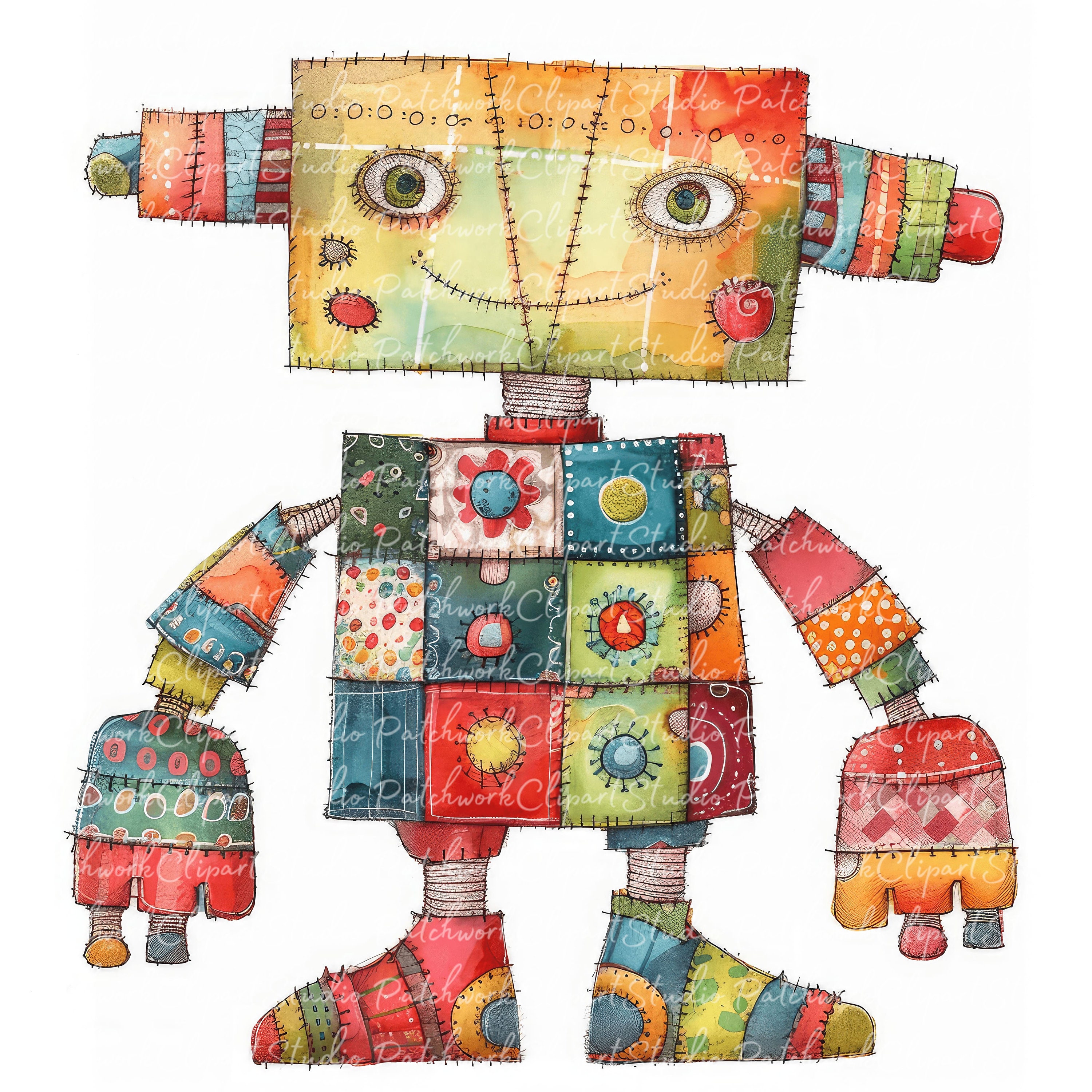 10 Robots Clipart Bundle, PNG & JPG, Printable Patchwork Robot ...