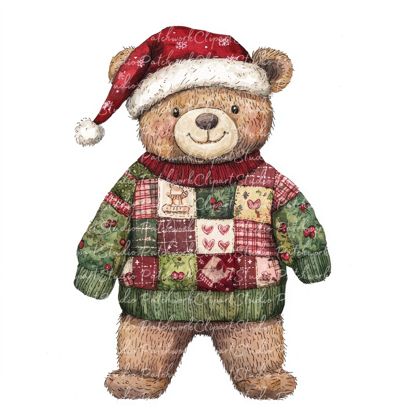 10 Christmas Teddy Bear Clipart Bundle, PNG & JPG, Printable Patchwork ...