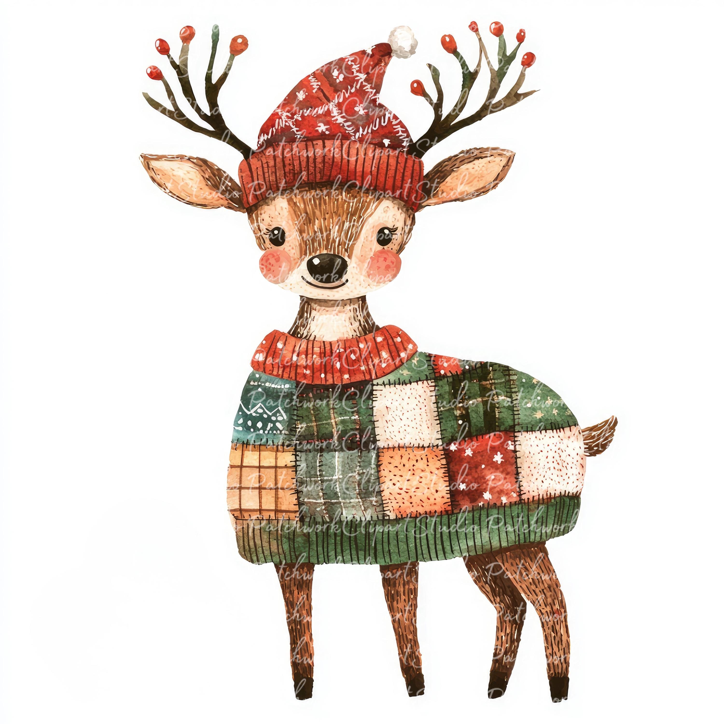 10 Christmas Reindeer Clipart Bundle, PNG & JPG, Printable Patchwork ...
