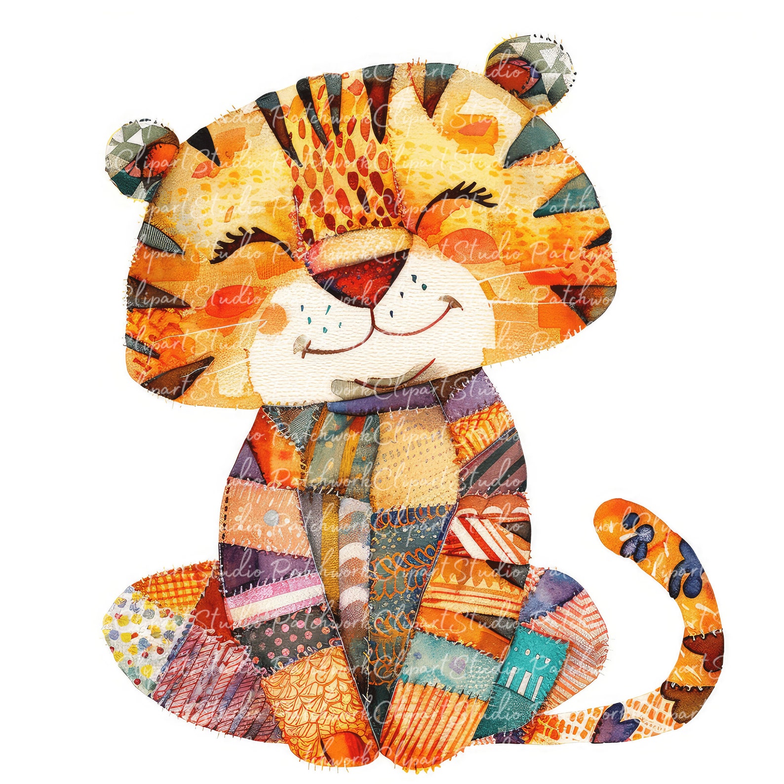 10 Tiger Clipart Bundle, PNG & JPG, Printable Patchwork Tigers, Illustrations, Digital Download ...