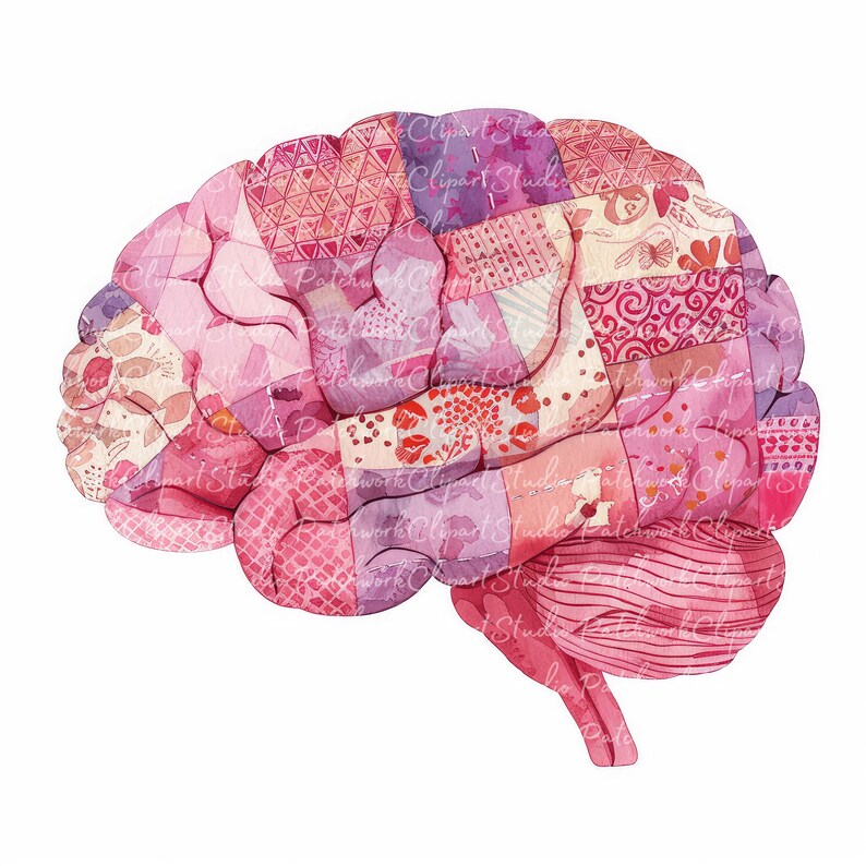 10 Brains Clipart Bundle, PNG & JPG, Printable Patchwork Brain, Illustrations, Digital Download ...