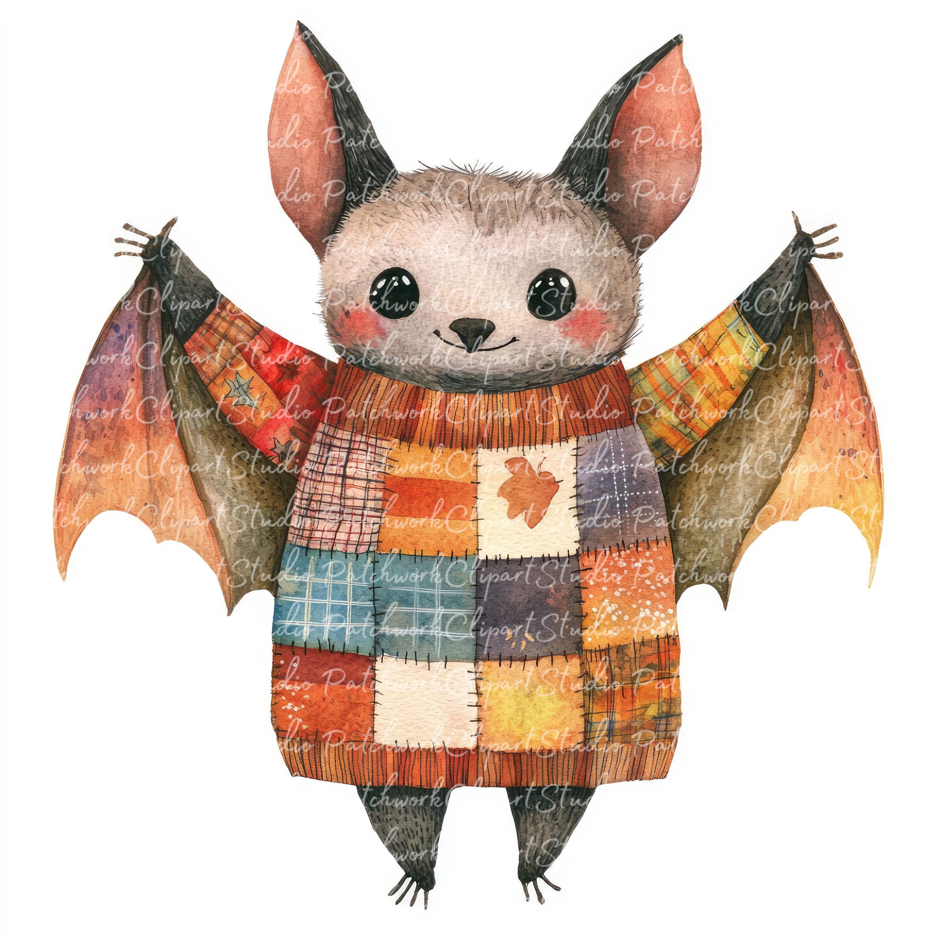 10 Autumn Bat Clipart Bundle, PNG & JPG, Printable Patchwork, Bat in ...