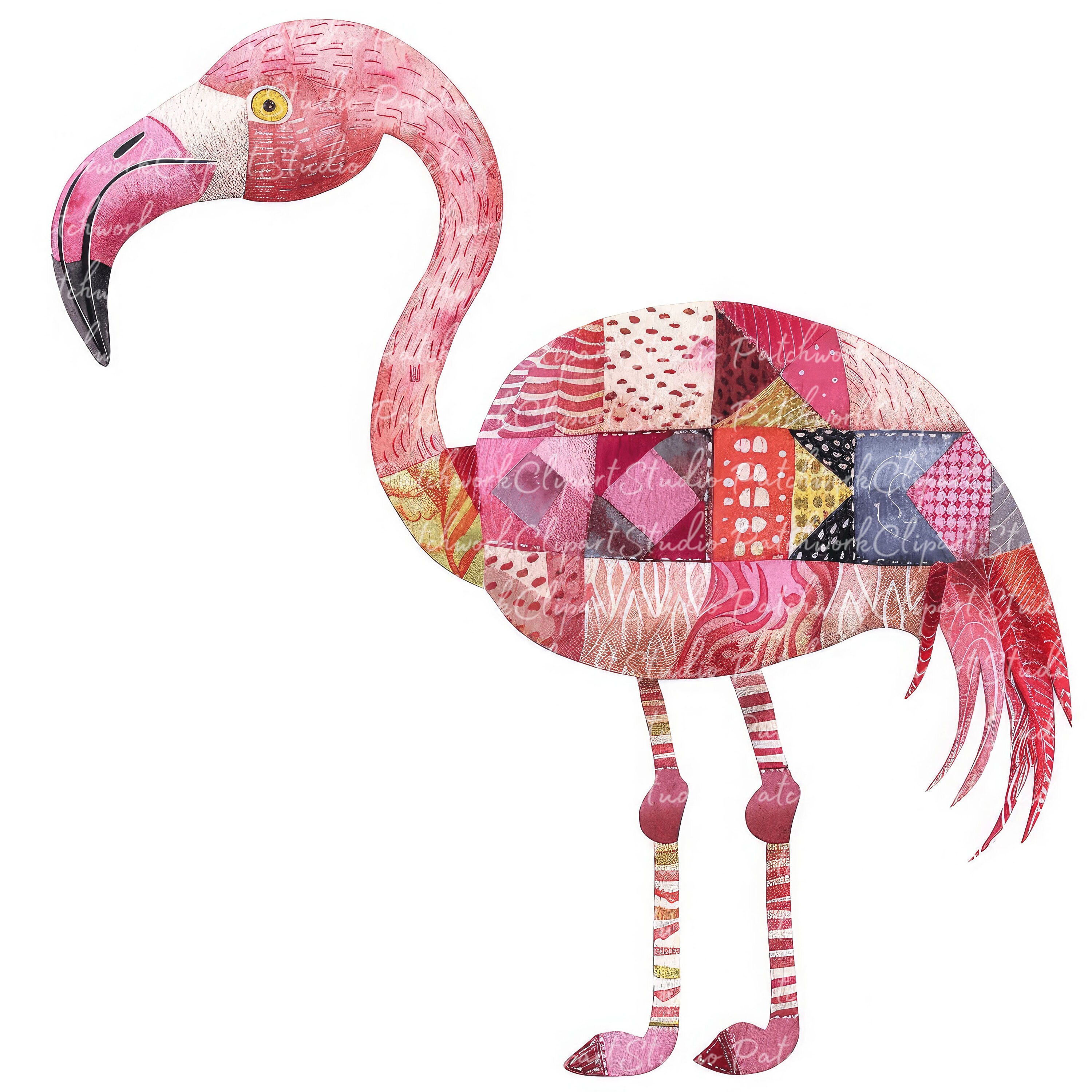 10 Flamingos Clipart Bundle, Printable Patchwork Flamingo, Quilted ...