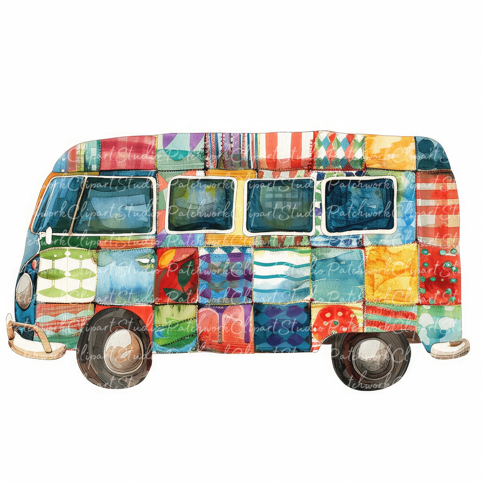 10 Buses Clipart Bundle, PNG & JPG, Printable Patchwork Bus ...